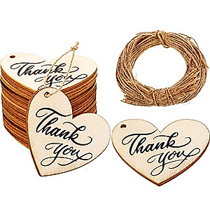 100 Pieces Thank You Tags Heart Shape Wood Tags Wooden Thank You Tag with Hole Heart Favor Tags with Natural Twine for Wedding Baby Shower Party