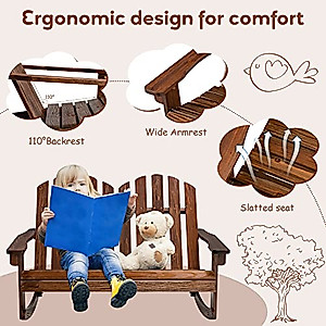 Giantex 2-Person Adirondack Rocking Chair - Kids Outdoor Rocking Bench with Slatted Seat, High Backrest, 220LBS Weight Capacity, Kids Patio Rocker for Balcony, Yard, Poolside (1, Coffee)