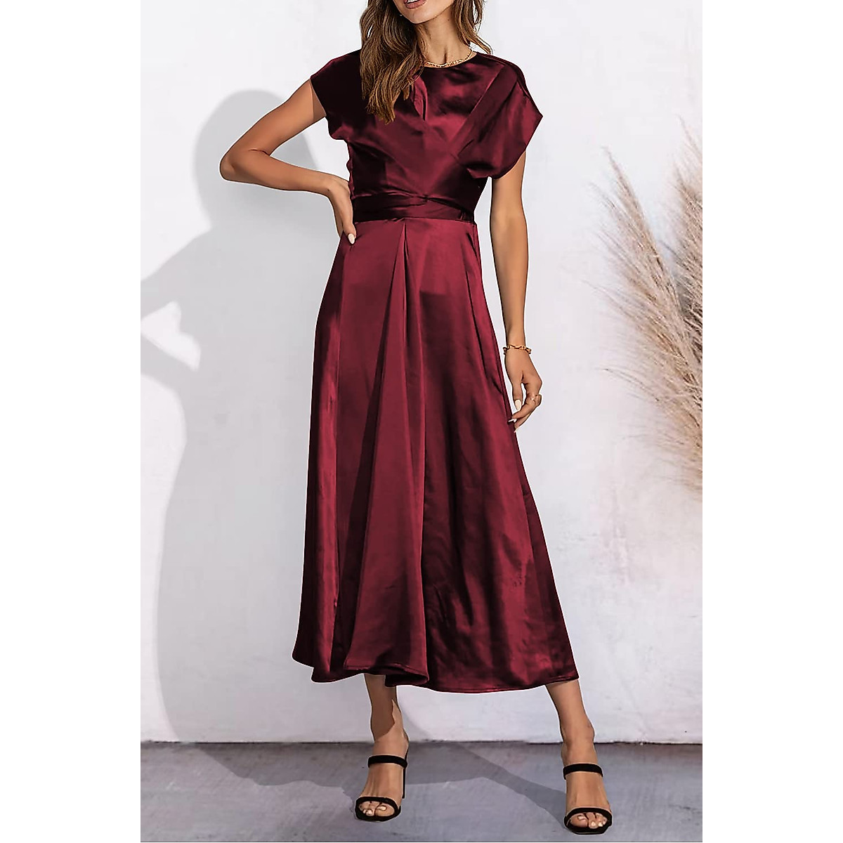 PRETTYGARDEN Women's 2024 Summer Satin Midi Dress Cap Sleeve Tie Waist Elegant A-Line Flowy Dresses (Wine Red,Medium)