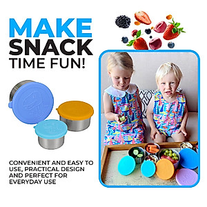 Dinosaur Stainless Steel Snack Containers for Kids Toddlers, Lunch Box Cups for Boys, Reusable Metal Holder Cup with No-Spill Silicone Lids, Food Storage for Daycare School Travel Snacks 3 pack Blue