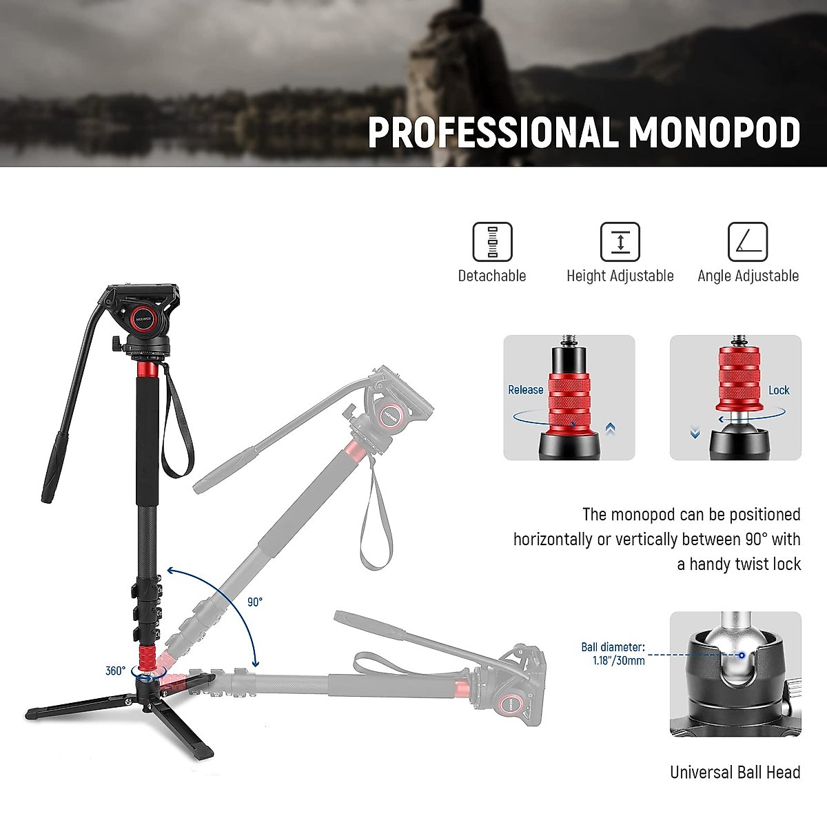 NEEWER 71.6" Pro Camera Monopod with Feet, Carbon Fiber Telescopic Video Monopod with QR Plate Compatible with DJI RS Gimbals Manfrotto, Removable Base for Camera Camcorder, Max Load 13.2lb/6Kg, TP71