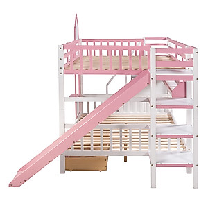 Full-Over-Full Bunk Bed, Castle Style Bunk Bed with 2 Drawers and 3 Shelves, Solid Wood Bunk Beds with Slide and Storage Staircase, Playhouse Low Bunk Bed for Kids Teens Boys Girls (Pink-O273)