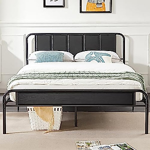 VECELO Full Bed Frame Heavy Duty Metal Platform with Wooden Headboard Footboard Mattress Foundation 12 Strong Steel Slats Support Under Bed Storage/Easy Assemble