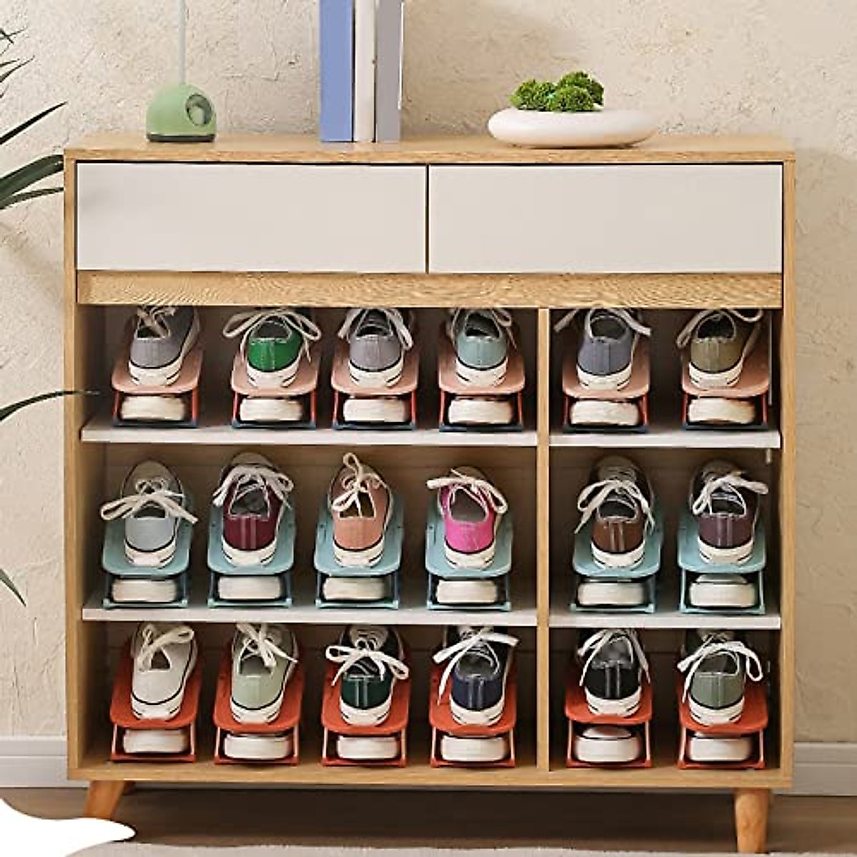 Qinlorgo Shoe Slots Organizer, Space Saving Shoe Stacker Double Layer Practical Handy for Home for Apartment (Orange)