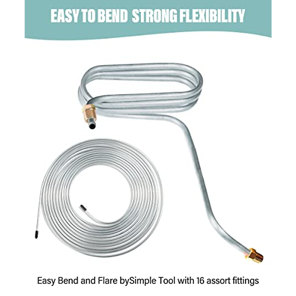 YAKEFLY 25 Ft Flexible Tube Line Roll,1/4" Brake Line Tubing Kit,Copper Coated Alloy Brake Line Tubing Coil with 16 Inverted Flare Fittings,Fuel Line Coil(Silver)