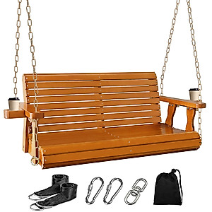 4FT Wooden Porch Swing w/Cupholders,Heavy Duty 800LBS Outdoor Swing Bench w/Chains,Patio Roll Back Swing Chair Bench,Front Porch 2-Person Hanging Bench,for Garden Courtyard Lawn & Balcony Backyard