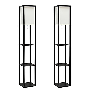 Simple Designs LF1014-BLK-2PK Three Shelf Etagere Organizer Storage Floor Lamp 2 Pack Set with White Linen Shade for Living Room, Bedroom, Office, Hallway, Black