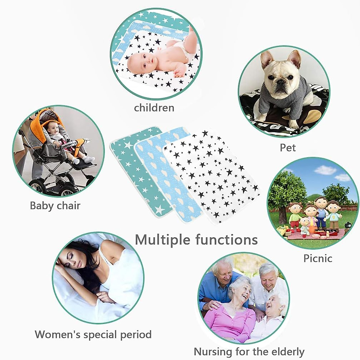 3 Pack Diaper Changing Pad, Maveek Portable Toddler Diaper Changing Pad Waterproof Baby Change Mats Premium Change Pad Liner Bed Pad Play Mat(Green&White&Blue)