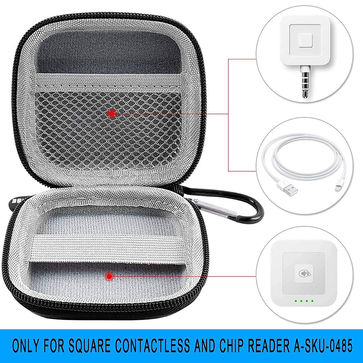 Chip Card Reader Scanner Case, Hard Carrying Bag Holder Fits Square A-SKU-0485 Contactless and Chip Reader with USB Charge Cable for EMV Chip Cards/Apple Pay/Android Pay/More - Black by COMECASE