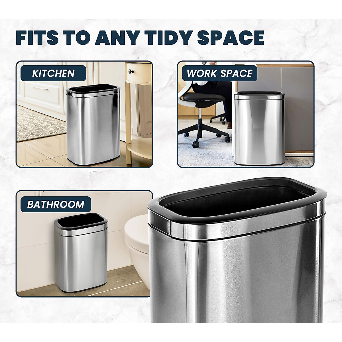 Alpine Industries 40 L / 10.5 Gal Stainless Steel Slim Open Trash Can - Compact Garbage Bin - Wide Access Top Slender Durable Receptacle with Sturdy Plastic Liner