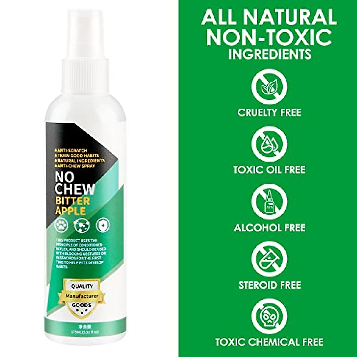 TUIOOE Bitter Apple Spray for Dogs to Stop Chewing - Prevent Licking, Marking, Chewing - Anti Chew Deterrent No Chew Spray | Alcohol Free, Non-Toxic, No Sting & No Smell - Indoor & Outdoor Safe 175ML