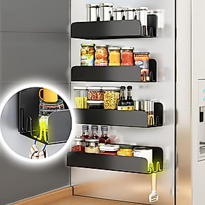 Magnetic Spice Rack for Refrigerator, Magnetic Shelf Fridge Spice Rack Organizer 2 Pack with 8 Hooks, Moveable Strong Magnetic Seasoning Organizer and Shelf for Kitchen Refrigerator Microwave