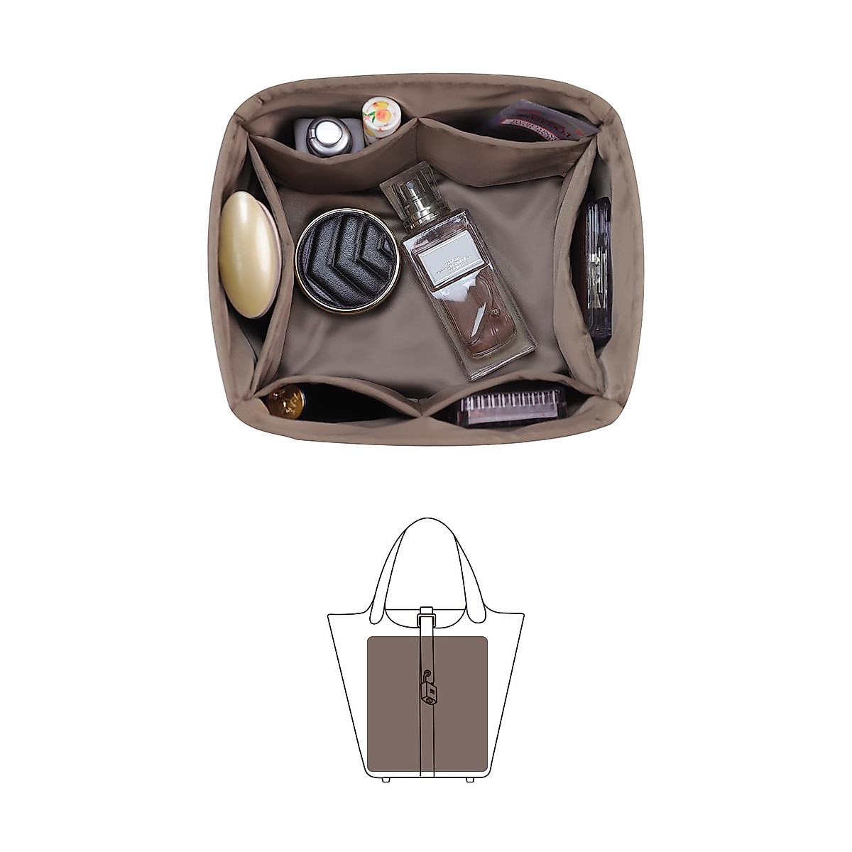 KINGS IN BAG Organizer Insert for Picotin 18, Purse Organizer Insert Compatible with Hermes Picotin 18 Bag, Lightweight and Soft Touch Bag-in-bag with Silky Satin (Etoupe grey, Picotin18)