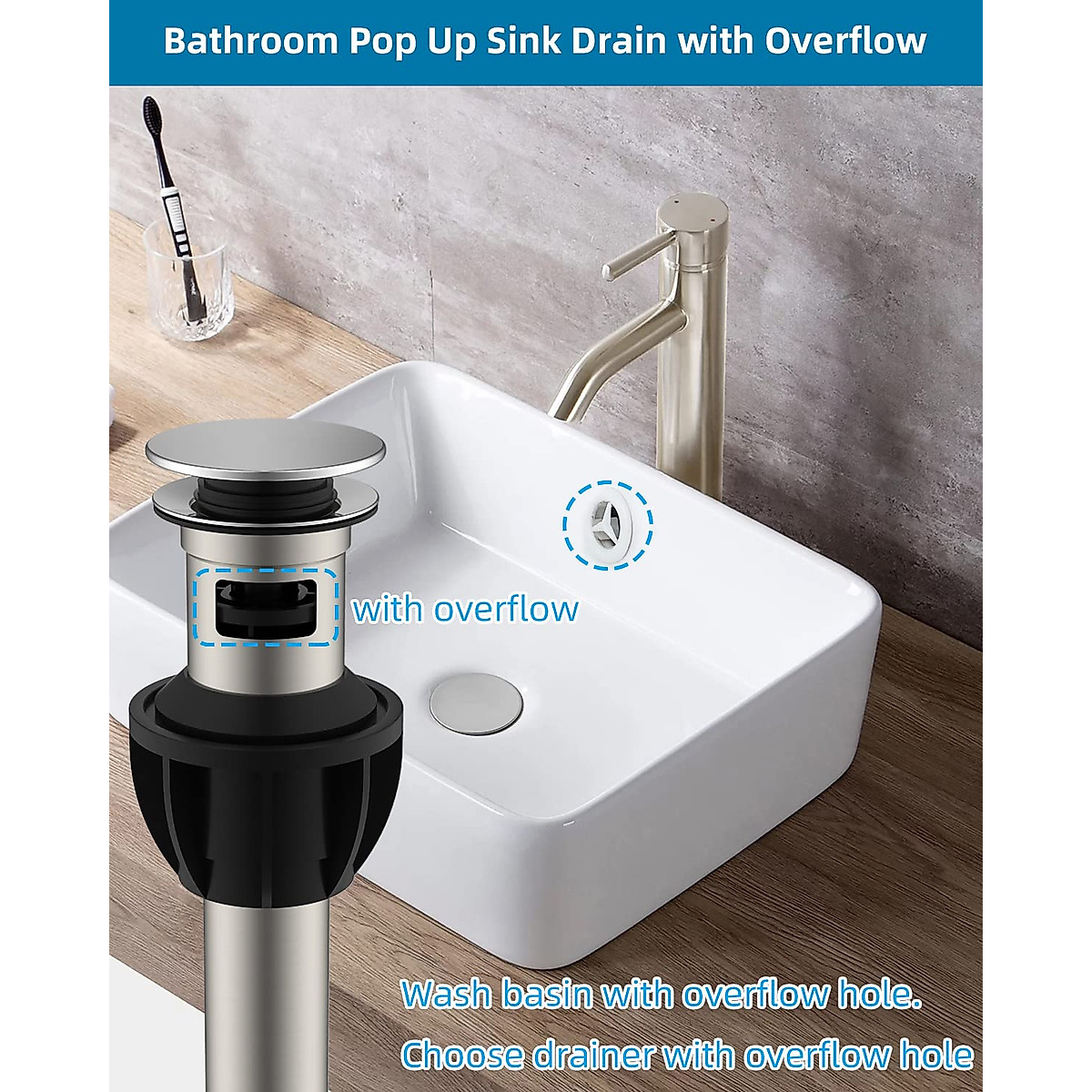 Hibbent 2 Pack Metal Bathroom Sink Drain with Overflow, Pop Up Drain with Detachable Stopper, Stainless Steel Vessel Lavatory Vanity Sink Drain Stopper, Anti-Clogging Drain Strainer, Chrome