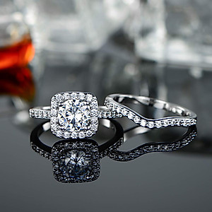 OPOMOMO Engagement Ring Set,18K White Gold Plated Cubic Zirconia Promise Eternity Rings for Women Pack of 2 PCS (5)