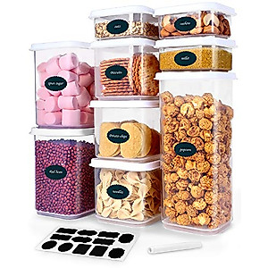 Airtight Food Storage Container Set with Lids, 9 pcs Plastic Food Container BAP Free Kitchen Pantry Organization and Storage Canisters for Organizing Flour Sugar Cereal with 12 Labels & Marker, White