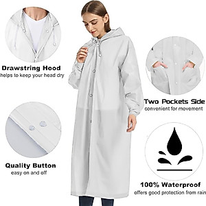 Besshopie Rain Poncho for Adults, Reusable Raincoat Emergency Rain Gear with Hoods and Sleeves White M