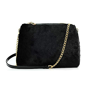 HOXIS Faux Fur Furry Crossbody Shoulder Handbag Clutch Purse (Black)