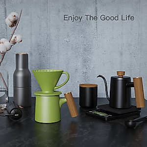 DHPO Artisan Series Matte Ceramic Coffee Mug Tea Cup T Shape with Large Beautiful Wooden Handle and Lid for Office and Home, 15oz, Green