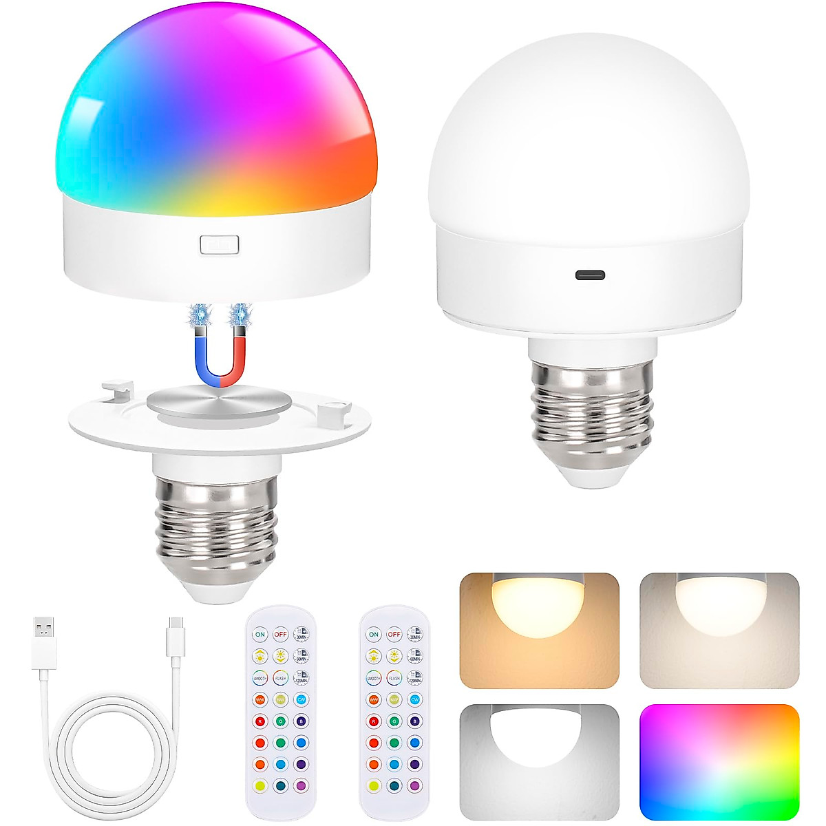 Odnora Rechargeable Battery Operated Light Bulbs with Remote Control 2 Packs, E26 Detachable Dimmable LED Bulb with 15 Colors & 3 Timer, Wireless Puck Light Bulbs for Lamps Wall Sconce, Non-Hardwired