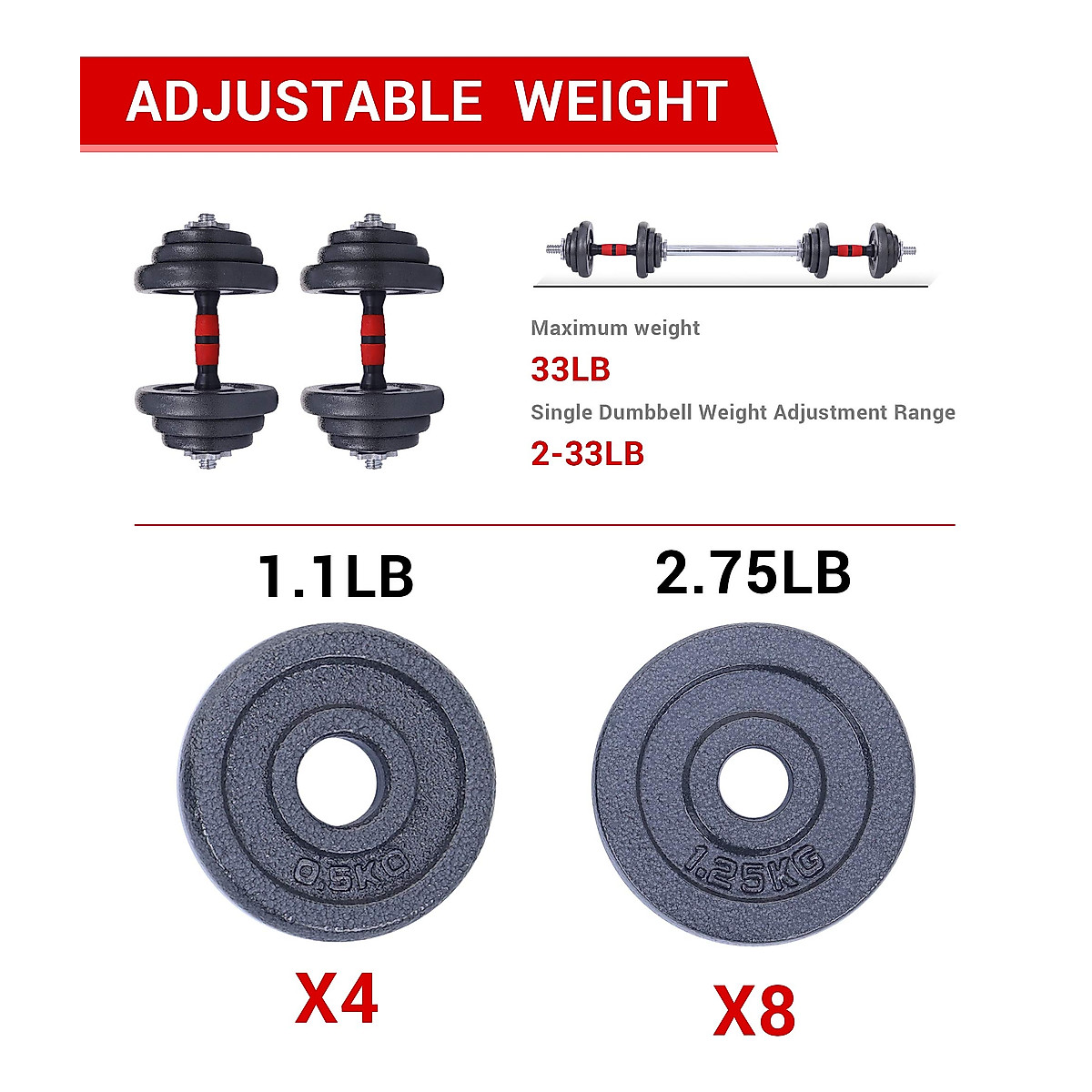 Nice C Adjustable Dumbbells, Barbell Weight Set, Dumbbell Set, Weights Adjustable 22/33/44/66/105 Lbs Home Gym 2 in 1, Anti-Slip Handle, All-Purpose, Office, Fitness