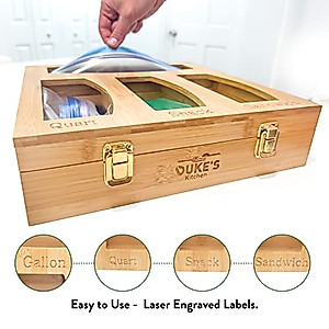 Duke's Bamboo Ziplock Bag Organizer - Food Plastic Ziploc Bag Organizer for Drawer or Wall - Compartments for Snack, Sandwich, Quart, Gallon Bags - Secure Shutter Locks - Includes Wooden Pen Box