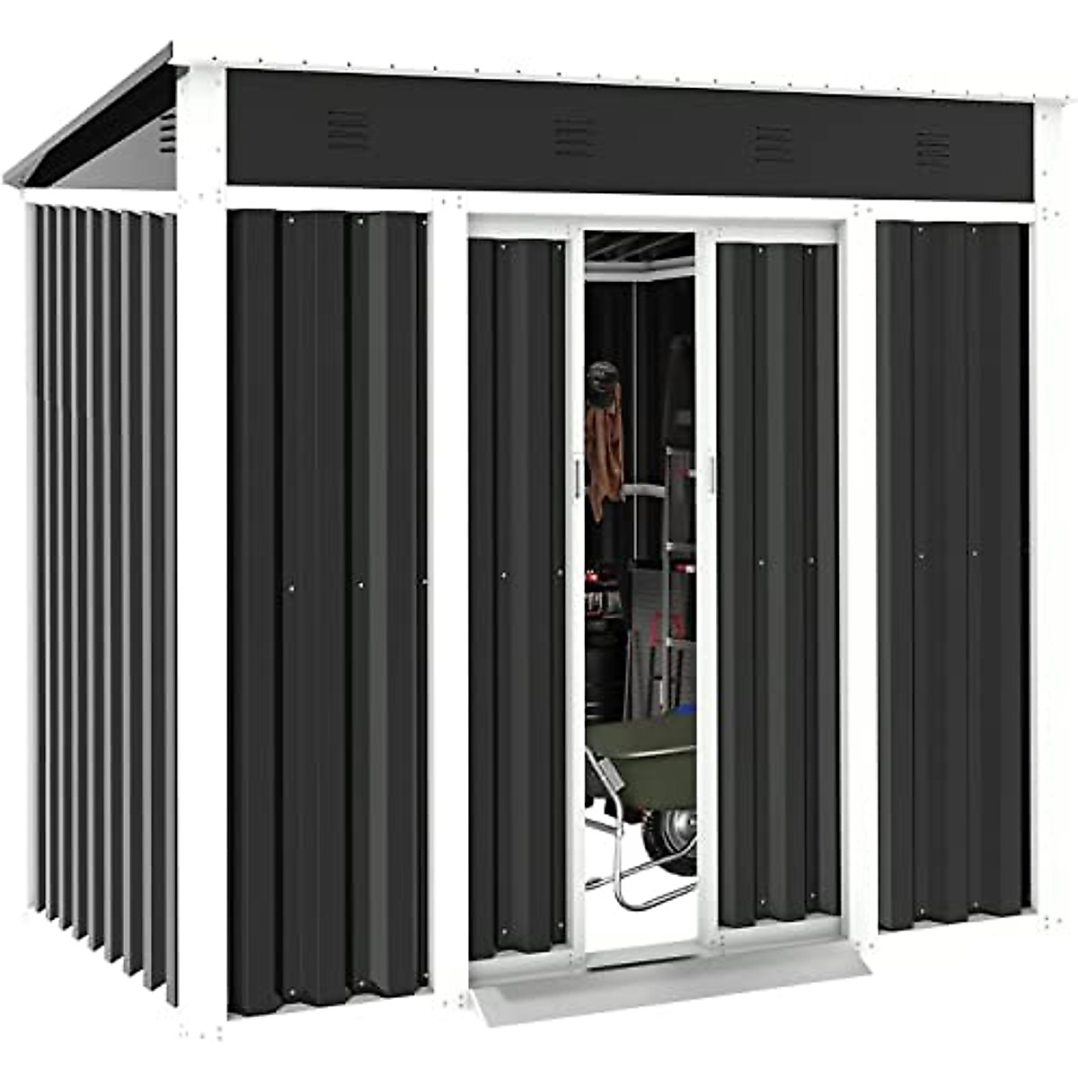 Oakmont Outdoor Garden Storage Shed 4' × 6' Garden Tool House with Double Sliding Doors, Steel Anti-Corrosion Storage House forYard Lawn (Grey)