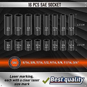 Amartisan 3/8" Drive Impact Socket Set, 6 Point, 50-Piece Standard Metric (8-22mm) and SAE (5/16-Inch to 3/4-Inch) Cr-V Steel Sockets with Adapters & Ratchet Handle