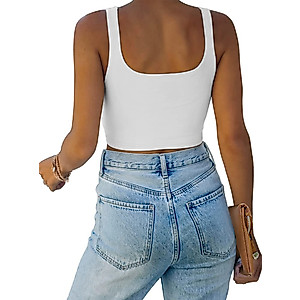 REORIA Women's Summer Sexy Basic Sleeveless Square Neck Fitted Seamless Yoga Cropped Tank Cute Crop Tops White Medium