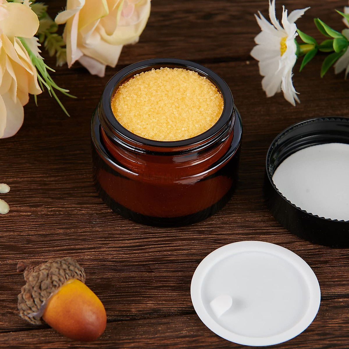 1oz Glass Jar with Lid, Hoa Kinh 30Pack Amber Round Containers Cosmetic Glass Jars with Inner Liners and Black Lids Travel Jars for Storing Lip and Body Scrub, Lotion, Body Butter, Bath Salts, Liquid