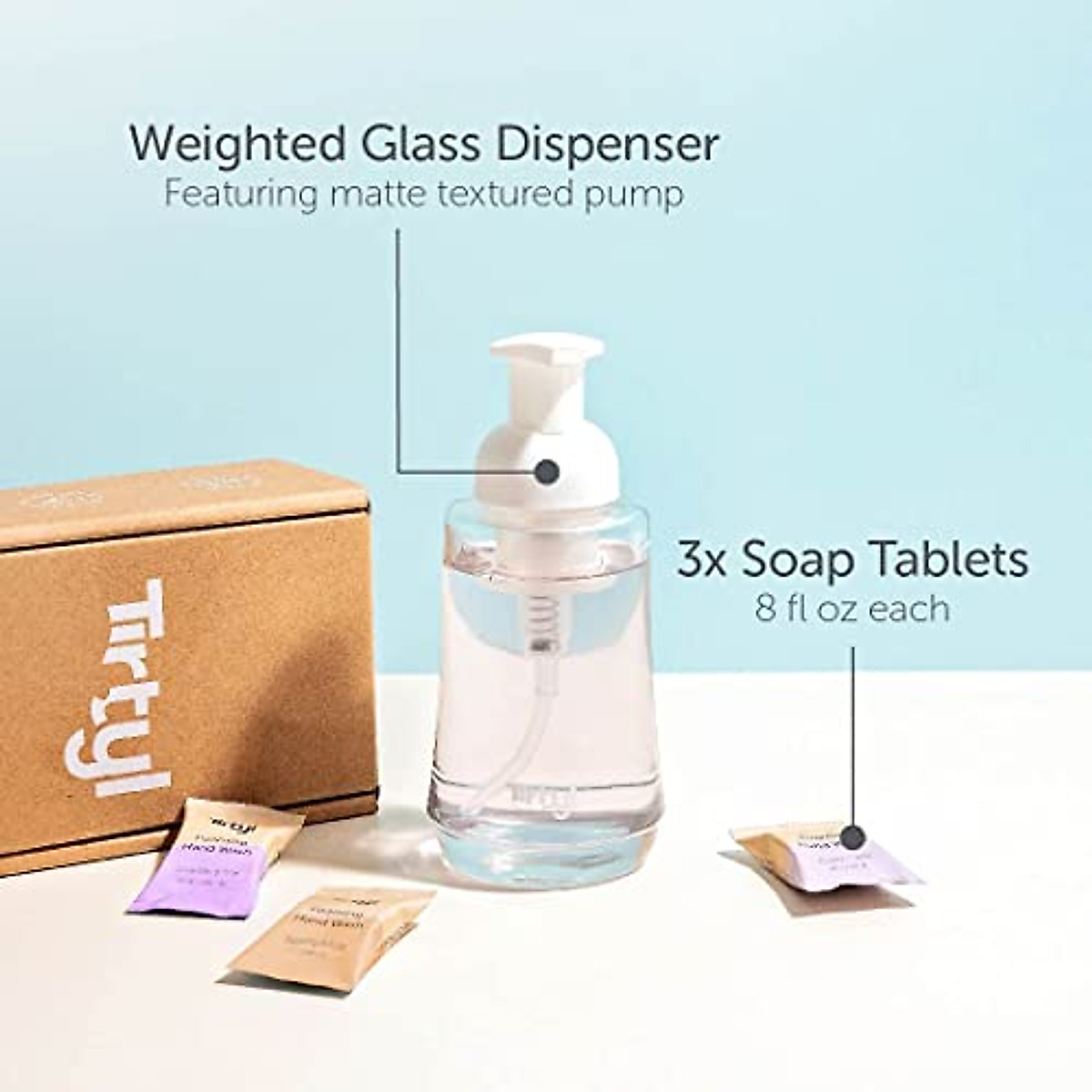 Tirtyl Hand Soap Single Kit - Glass Foaming Dispenser + 3 Tablet Refills - Compostable Packaging - Variety Fragrances - 24 fl oz total (makes 3x 8 fl oz bottles of soap)