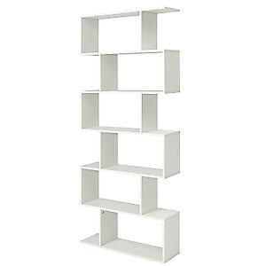 Giantex Geometric Bookcase White, S-Shaped Wooden Bookshelf, 6-Tier Modern Freestanding Decorative Storage Display Shelves for Bedroom, Living Room