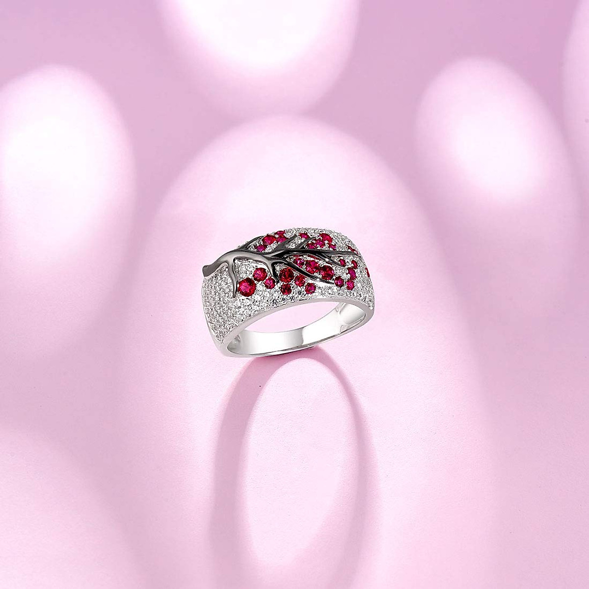 Santuzza 925 Sterling Silver Cherry Ring Created Ruby Cubic Zirconia Tree Branches Ring for Women (9)