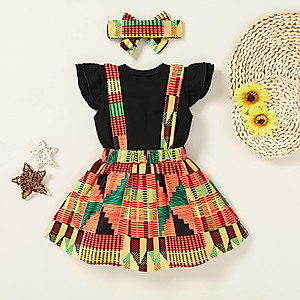 YOUNGER TREE Infant Toddler Baby Girl Summer Outfit Sunflower Strap Sets Sleeveless Romper Suspender Skirt 3pcs Clothing Sets (Dashiki Ankara, 18-24 Months)