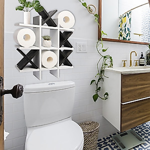 GENMOUS Handmade Tic Tac Toe Toilet Paper Holder For Black and White Bathroom Decor, Funny Wall Mounted Free Standing Toilet Tissue Paper Storage For Kids Guest Restroom Farmhouse Bathroom Decor White