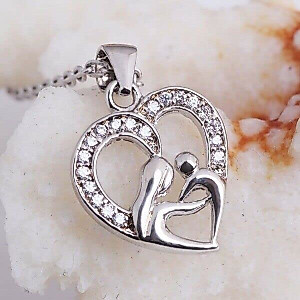 Navnita Jewellers 1.00 Ct Round Cut Diamond Mom-Child Heart Pendant Necklace With 18" Chain 14k White Gold Plated