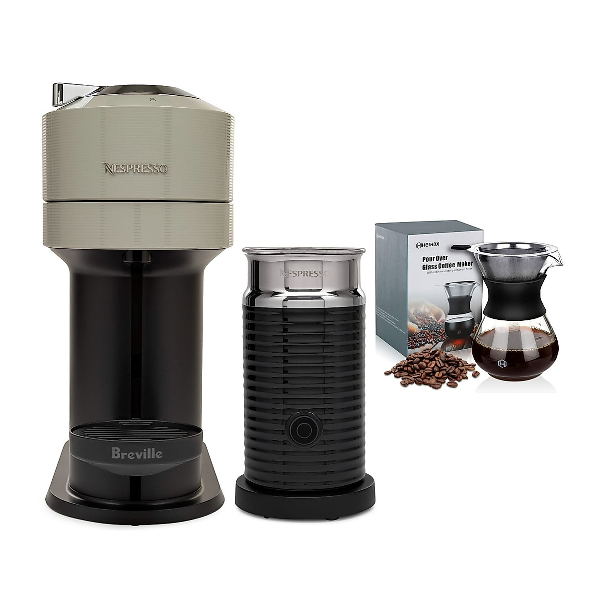 Nespresso BNV550GRY1BUC1 Vertuo Next Coffee and Espresso Machine (Light Gray) Bundle with 14oz Pour Over Coffee Maker Set (2 Items)