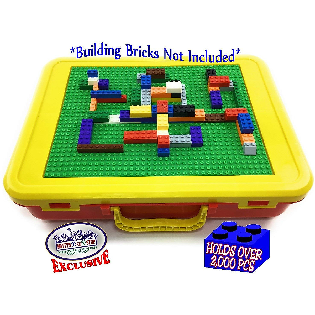 Matty's Toy Stop Brik-Kase 2.0 Travel, Building, Storage & Organizer Container Case with Building Plate Lid (Holds Approx 2000pcs) - Compatible With All Major Brands (Red, Green & Yellow)