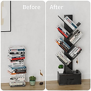 Egepon 6-Tier Tree Bookshelf with Drawer Black Book Shelf Storage Rack Floor Standing Bookcase for CDs Movies Books Multifunctional Organizer Shelves for Home Office Living Room Bedroom