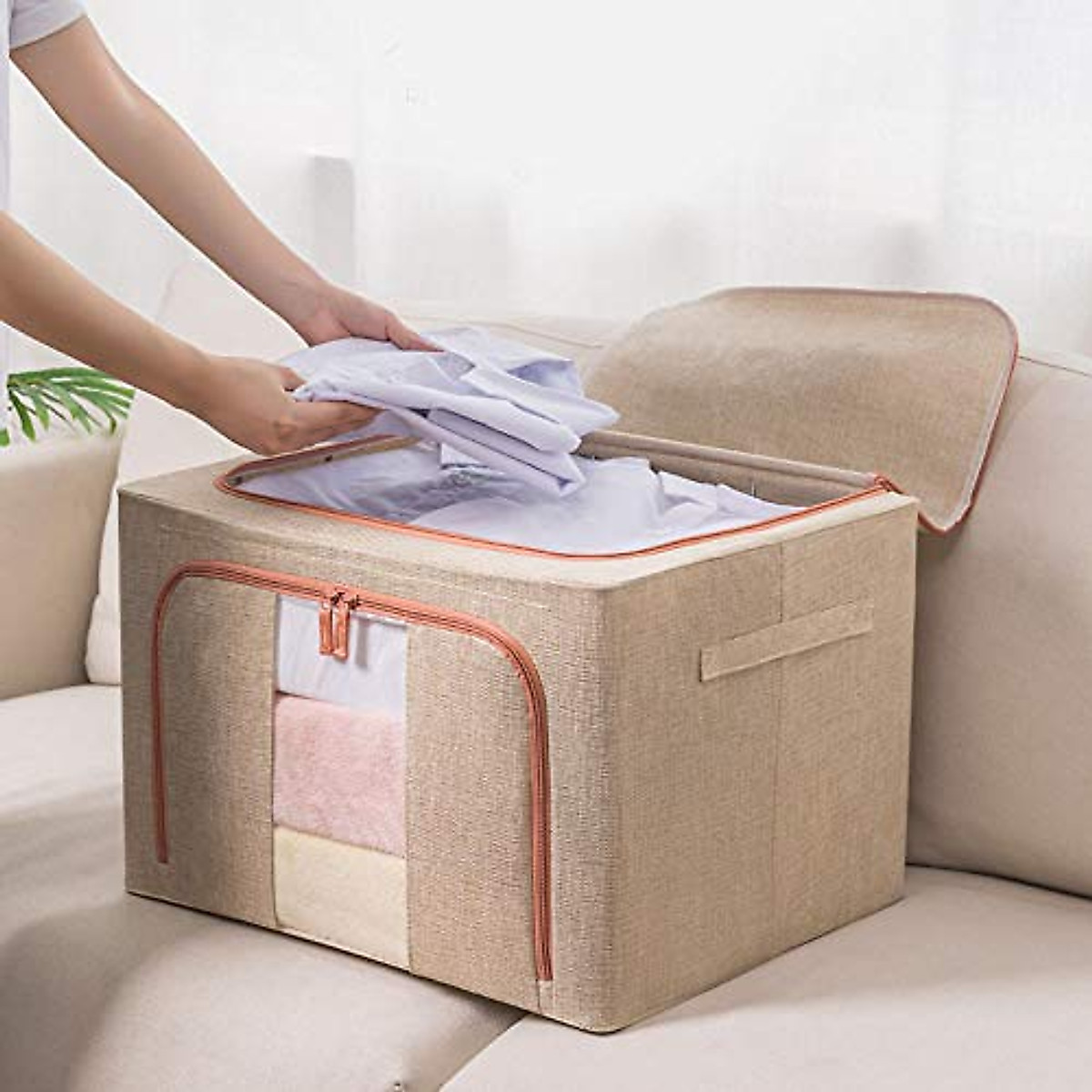 TOUCH-RICH Storage Bins Foldable with Window & Carry Handles Linen Fabric Collapsible Storage Boxes Organizer Set Stackable Containers for Home Bedroom Office Closet Nursery (Beige)