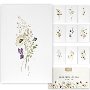 KIBAGA Beautiful Greetings Cards Set of 20 with Envelopes & Stickers - Tasteful Assorted Get Well Blank Note Cards 4x6 in Flower Artwork Design - Perfect Stationary Set For All Occasions