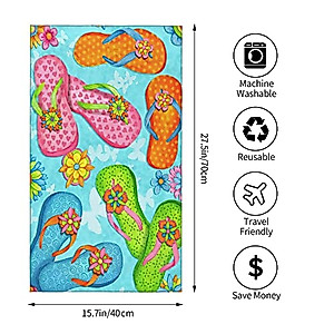 Summer Slippers Hand Towels for Bathroom,Turquoise Pink Orange Flip Flops Sunflower Flowers Towels 16"x28" Ultra Soft Absorbent Bathroom Hand Towel for Face,Gym,Tea,Teal Kitchen Dish Towel Set of 2