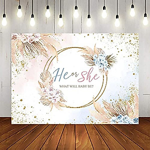 Mocsicka Boho Gender Reveal Backdrop He or She Boho Flowers Baby Shower Background Vinyl Bohemian Pampas Grass Party Cake Table Decorations Photo Booth (7x5ft)