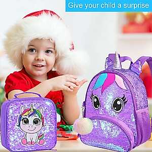gxtvo Toddler Backpack for Girls, Unicorn Sequin Preschool Bookbag and Lunch Box, 12" Cute Cartoon Animal Schoolbag