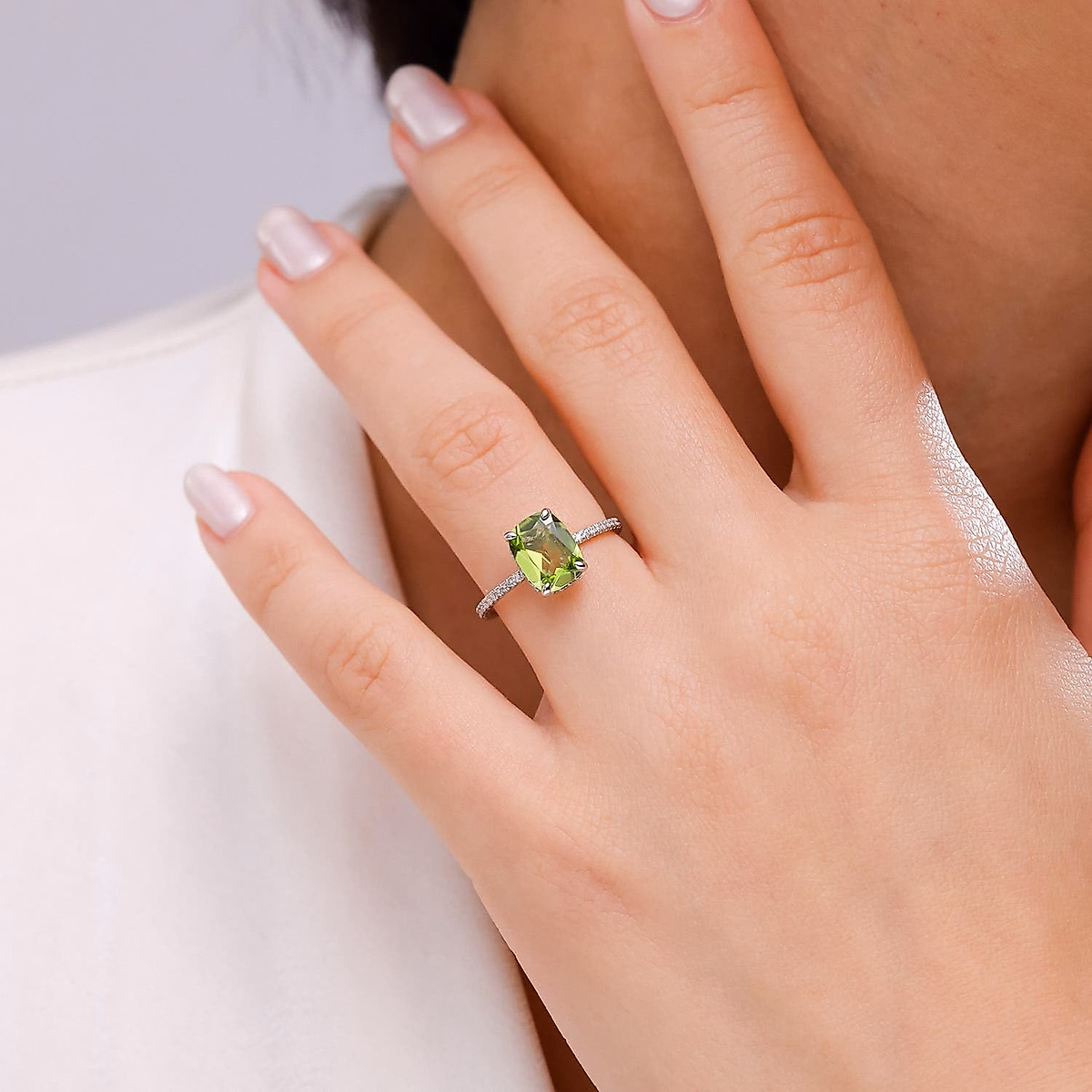 Angara Natural 1.45 Ct Peridot and 0.31 Ct Diamond Side Stones Ring for Women in 14K White Gold (Grade-AAA | Size-8x6mm) | August Birthstone, Birthday, Engagement, Anniversary Jewelry Gift For Women