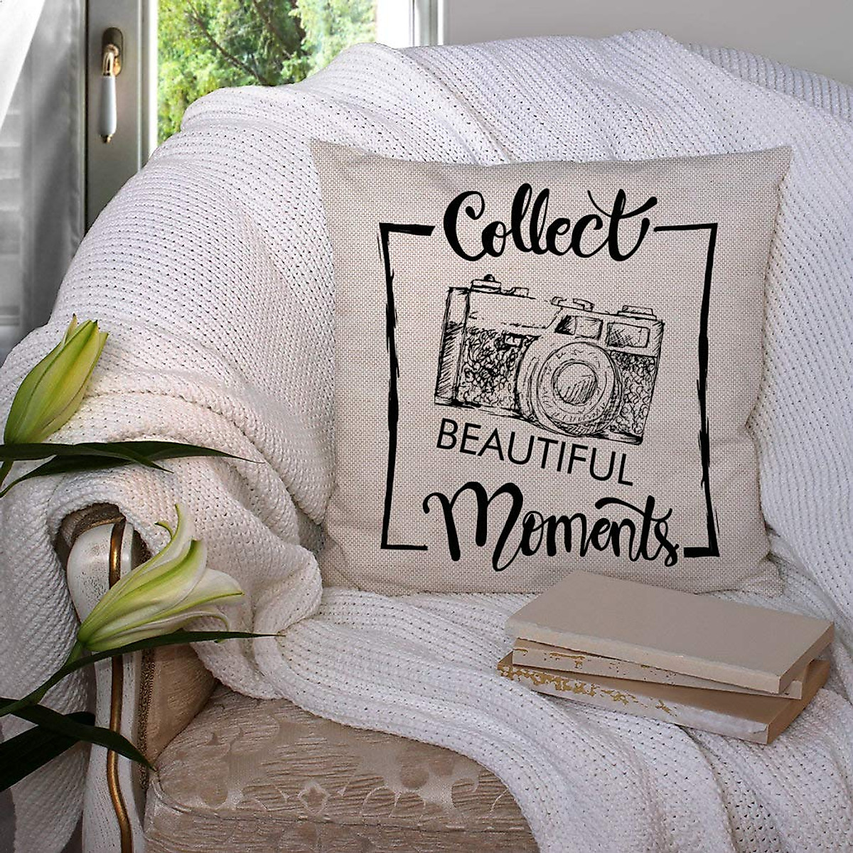 SSOIU Motivational Quote Throw Pillow Cover, Collect Beautiful Moments with Retro Camera Decorative Throw Pillow Covers Cotton Linen Pillow Cases 18“ x 18” for Home Decor
