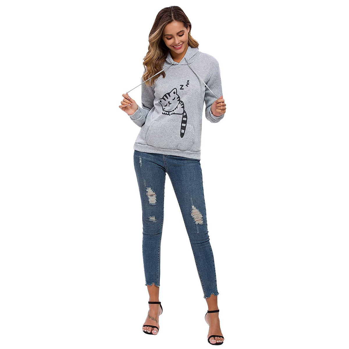 RGOSME Pullover Sweatshirts for Women Kawaii Cat hoodie Kawayii Hoodies for Girls 10-12 (Grey,XS)