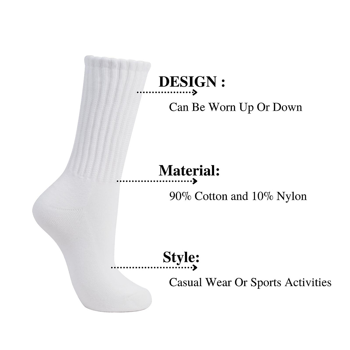 Intgoodluckycc White Slouch Scrunch Socks for Women, Slouch High Tube Socks Women (1 Pair - White)