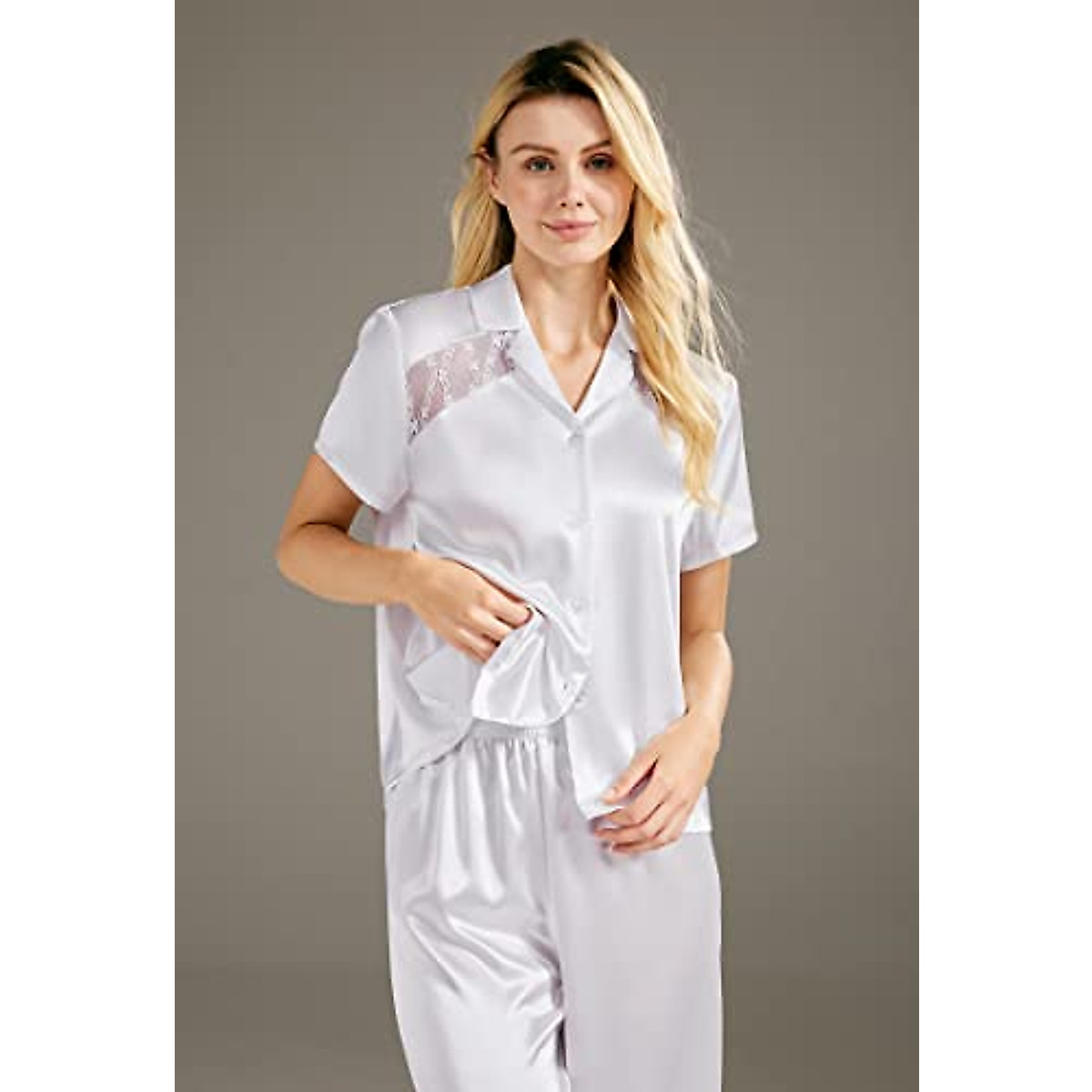 AW BRIDAL 2Pcs Sexy Womens Pajama Sets - Short Sleeve Silk Pajamas Long Pj Pants With Lace, Button Up Pajamas For Women, White, S| Clever Bridal Shower Gifts Bachelorette Gifts For Bride Pajamas