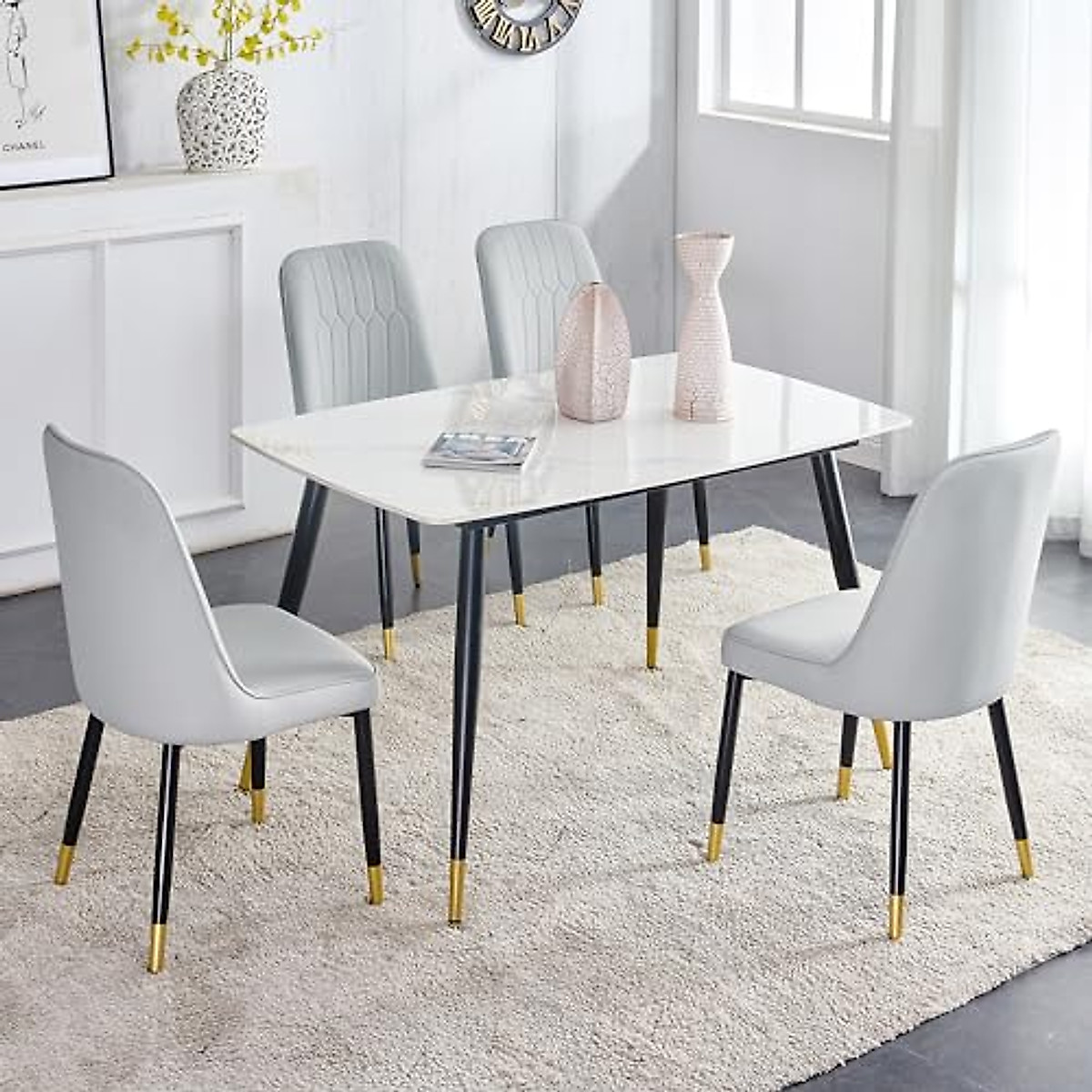 Maotifeys 5 Piece Dining Table Set for 4 Modern Sintered Stone Marble Dining Table Set for 4 People, Oval Faux Marble Kitchen Table and 4 Leather Upholstered Dining Chairs, 50" W x 30" D x 30" H